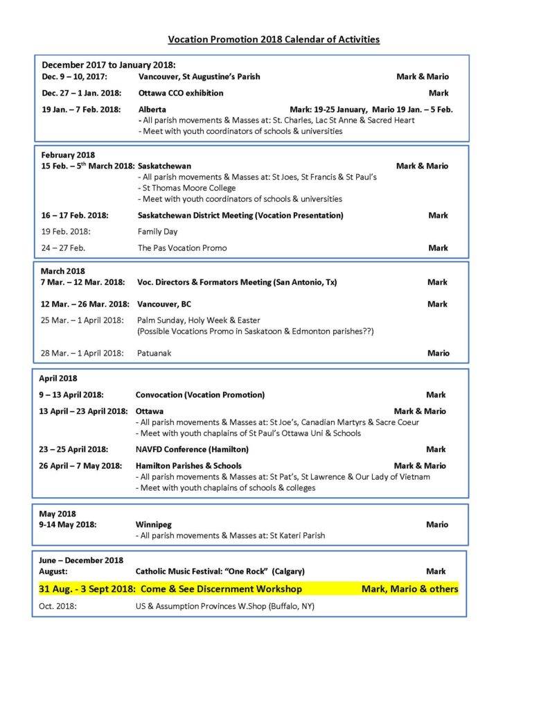 2018 Vocation Promotion Calendar of Activities - OMI Lacombe