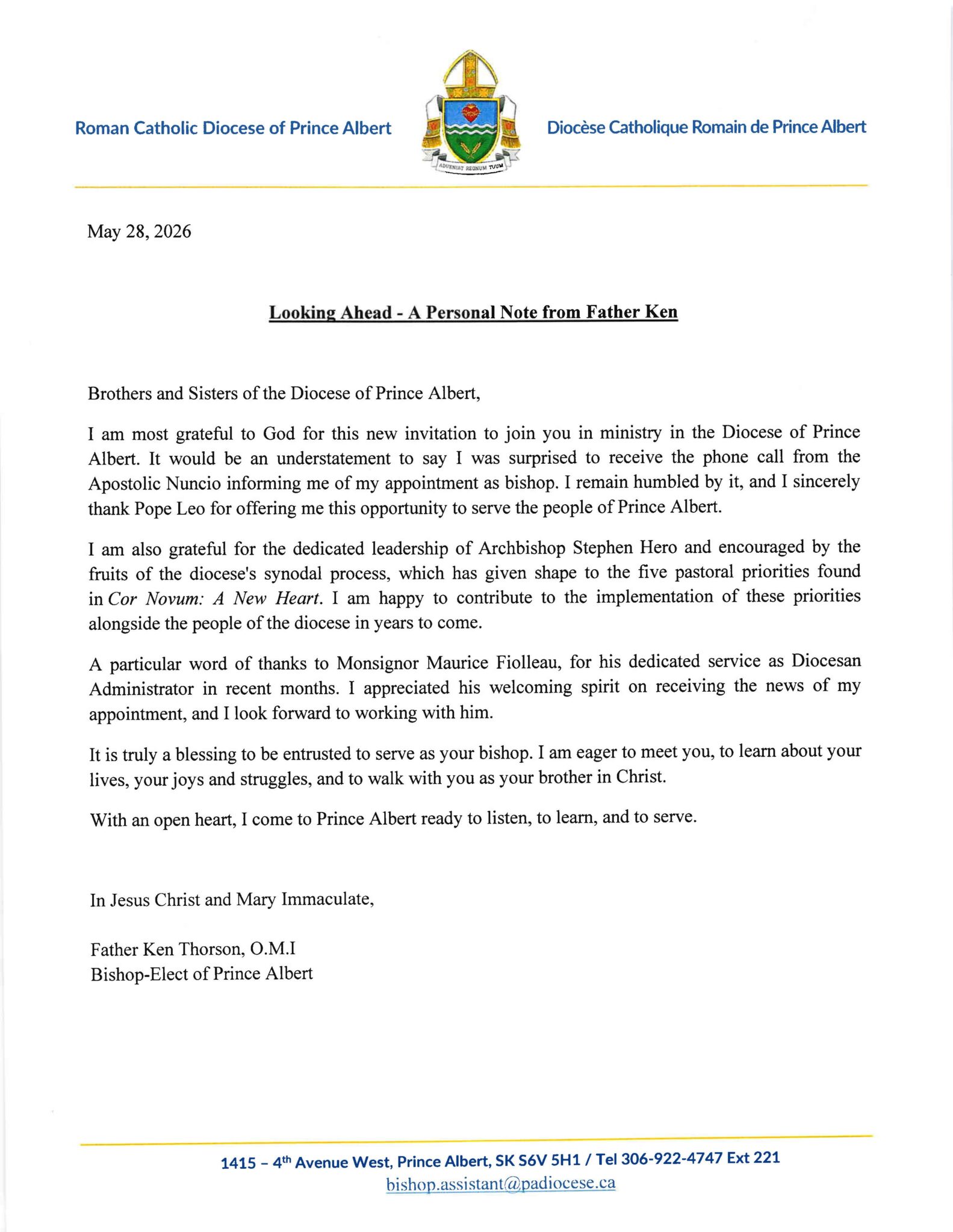 Kenneth Thorson, OMI Appointed Bishop of Prince Albert, Canada - OMI ...